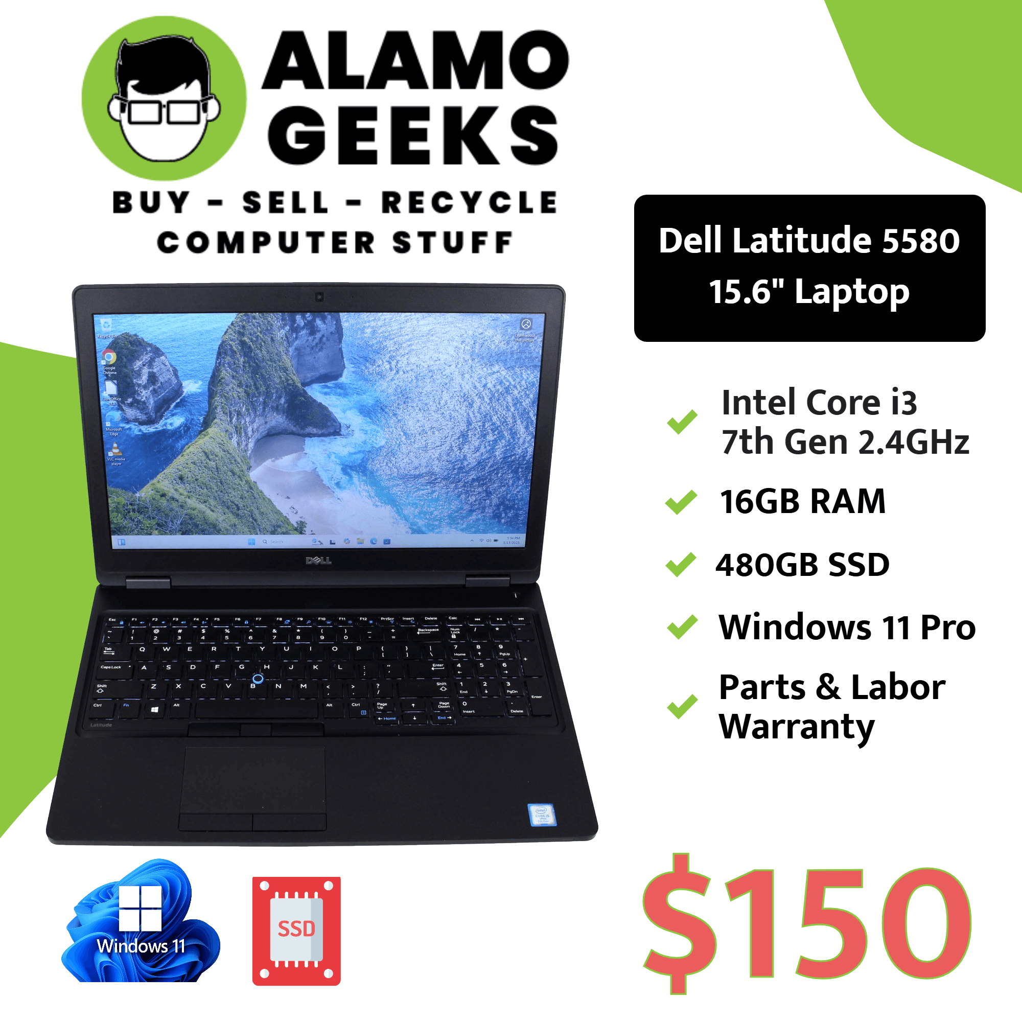 Buy Dell Latitude 5580 15.6" Laptop - Intel Core I3 7th Gen 2.4GHz | 16GB | 480GB SSD | WIN 11 ...